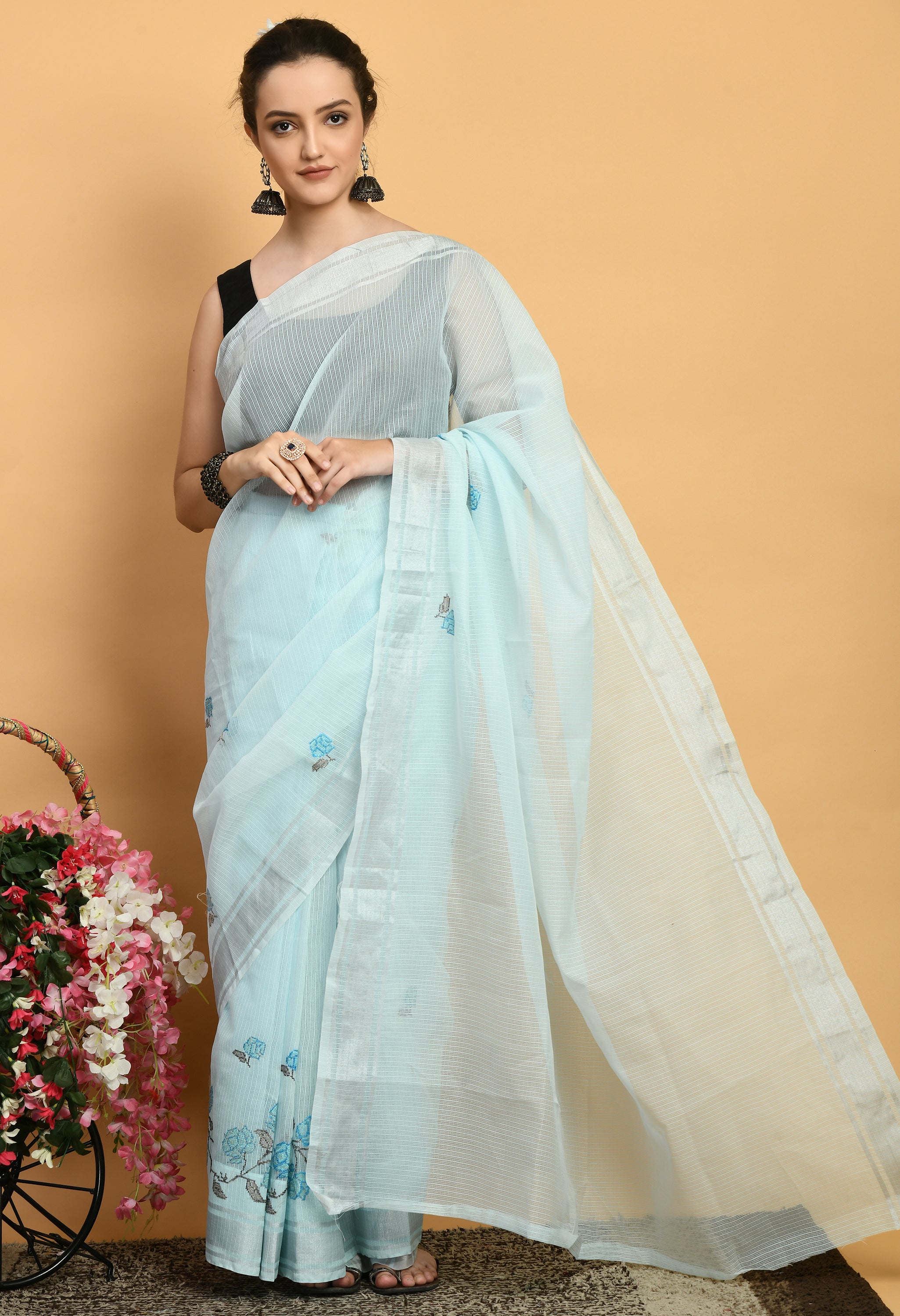 Pre Stitched Light Blue Handwoven Ready to Wear Linen Saree with Flora ...